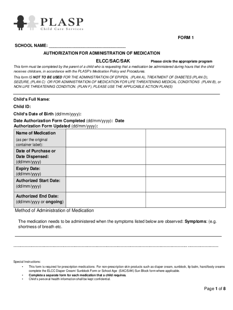 Fillable Online Authorization For Administration of Medication at ...