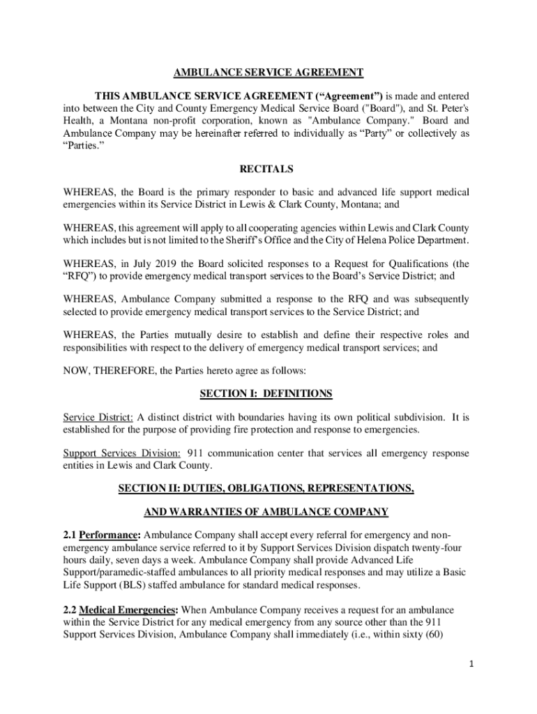 Fillable Online AMBULANCE SERVICE AGREEMENT THIS AMBULANCE ... Fax ...