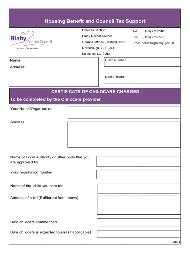 Fillable Online Housing Benefit and Council Tax Support - Childcare Costs Application Form Fax ...