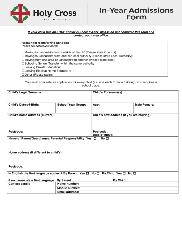 Fillable Online In-Year Admission form Fax Email Print - pdfFiller
