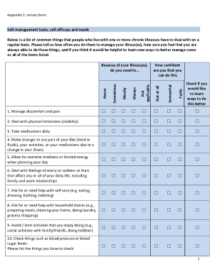 Fillable Online 1 Self-management tasks, self-efficacy and needs Below ...