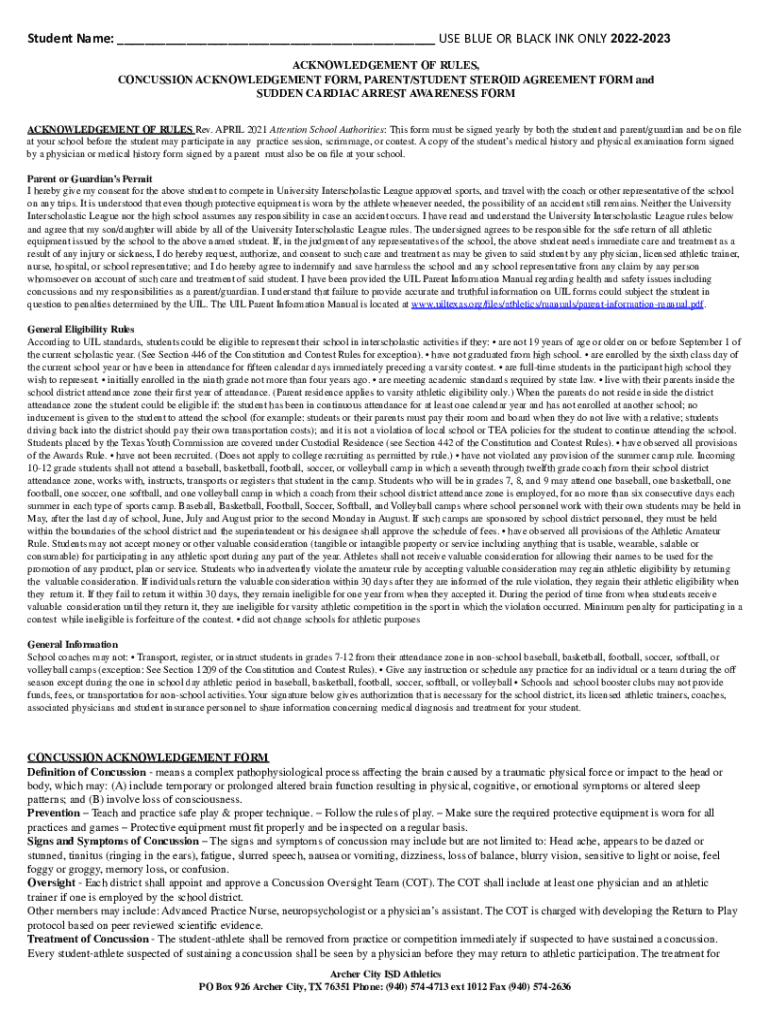 Fillable Online Student Name: USE BLUE OR BLACK INK ONLY 2022-2023 Fax ...