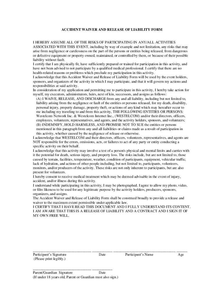 Fillable Online assumption of risk, accident waiver, and release of ...