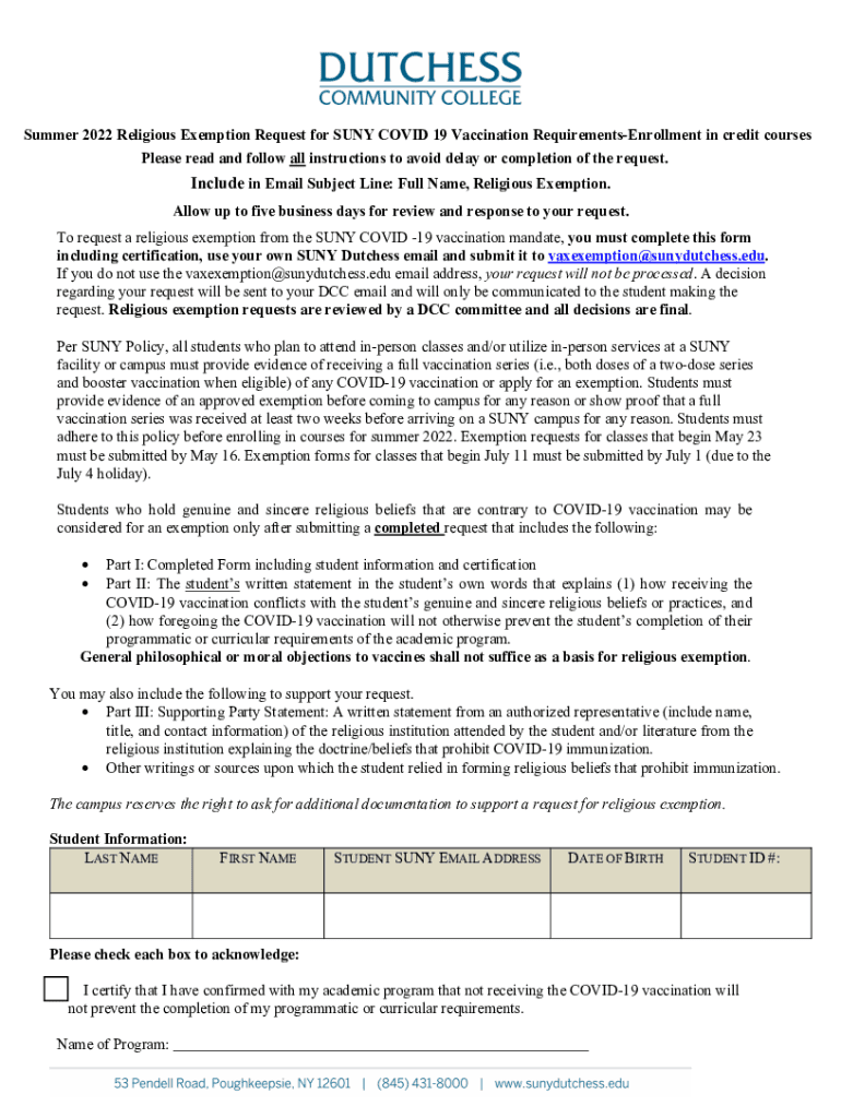 Fillable Online Summer 2022 Religious Exemption Request for SUNY ...