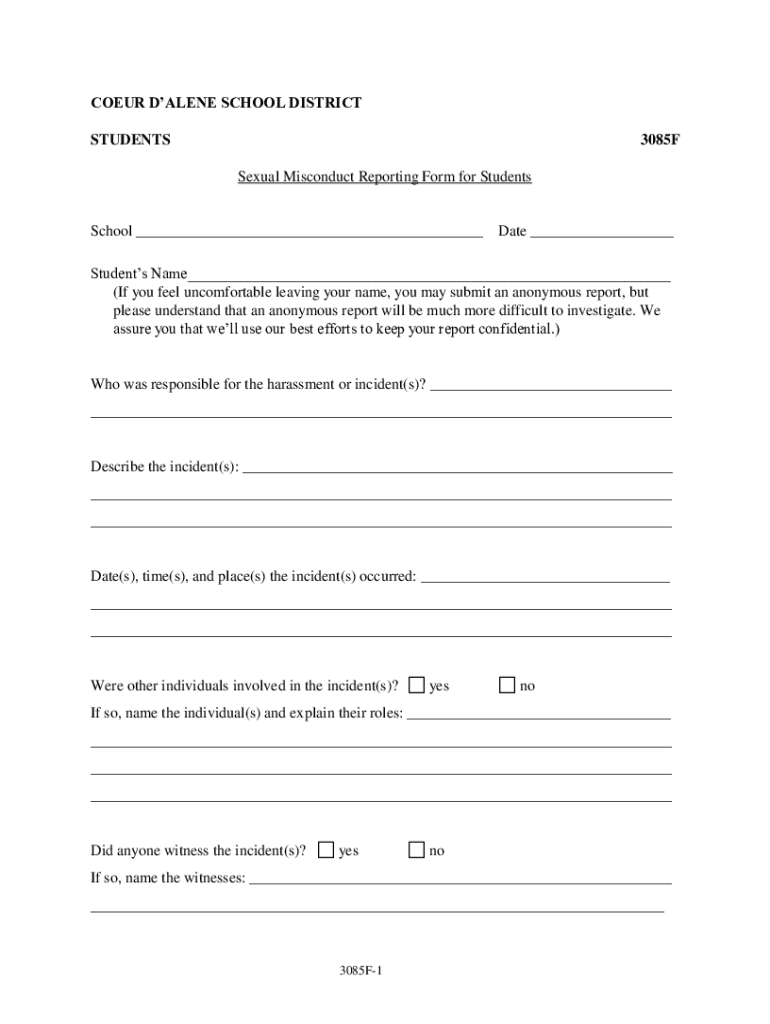 Fillable Online 3085F Sexual Misconduct Reporting Form for Students Fax ...