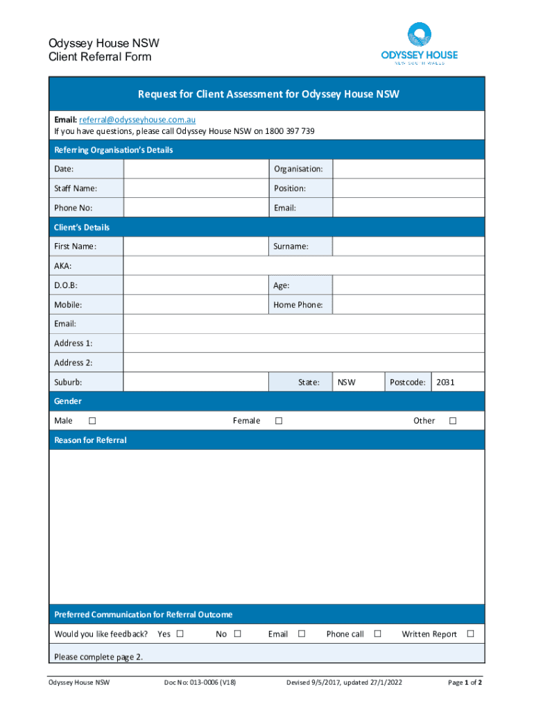 Fillable Online Odyssey House NSW Client Referral Form Fax Email Print - pdfFiller