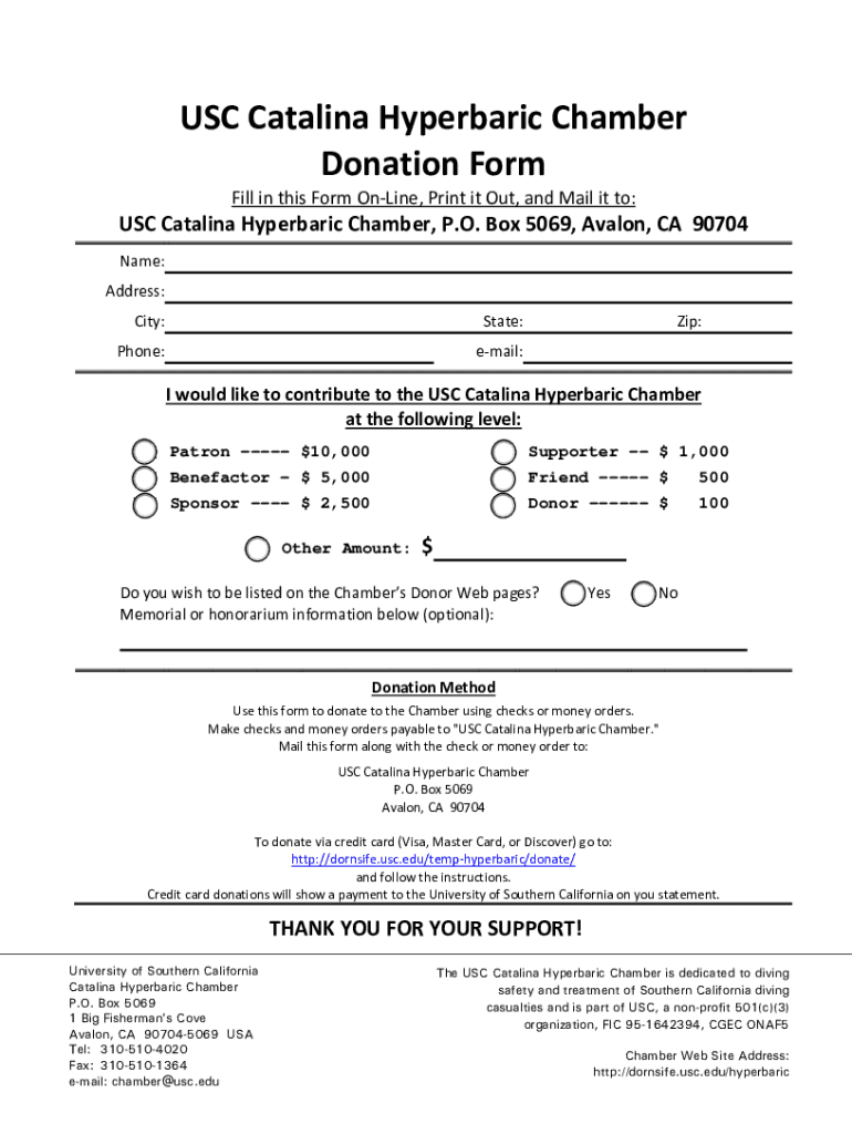 Fillable Online dornsife usc USC Catalina Hyperbaric Chamber Donation Form Fax Email Print ...