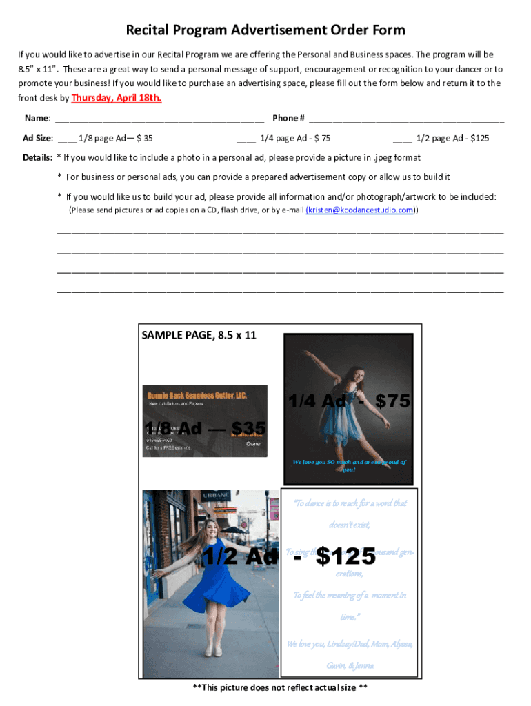 Fillable Online 7. Recital Program Advertisement Order Form Fax Email ...