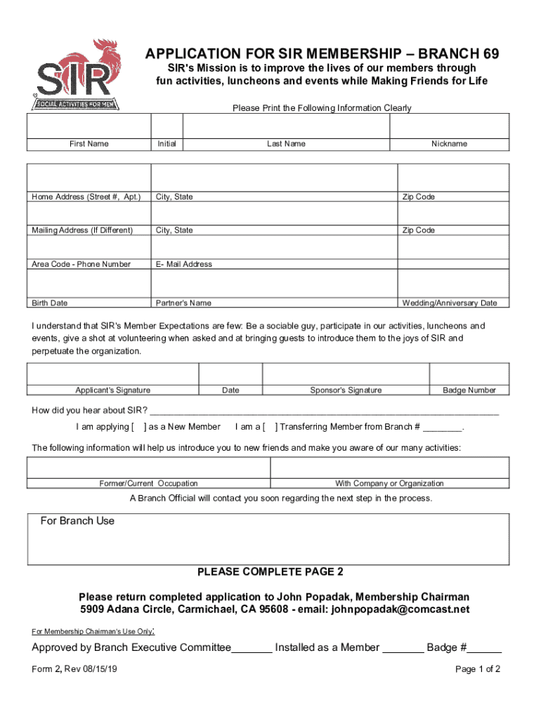 Fillable Online APPLICATION FOR SIR MEMBERSHIPBRANCH 69 - branch69.org ...