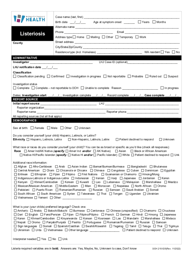 Fillable Online doh wa Listeriosis -Washington State Department of ...