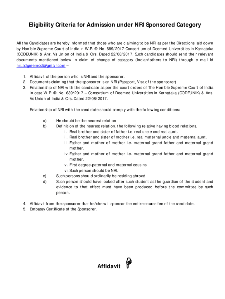 Fillable Online Elgibility Criteria For NRI Sponsored Category Fax ...