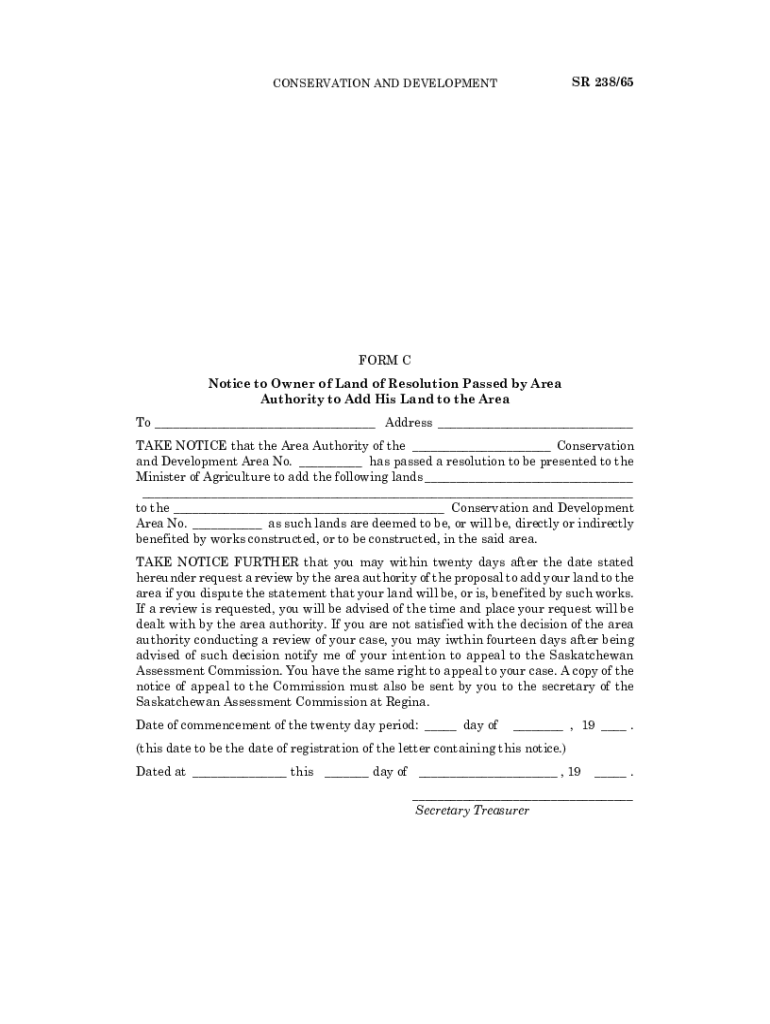 Fillable Online SR 238/65 FORM C Notice to Owner of Land of Resolution ...