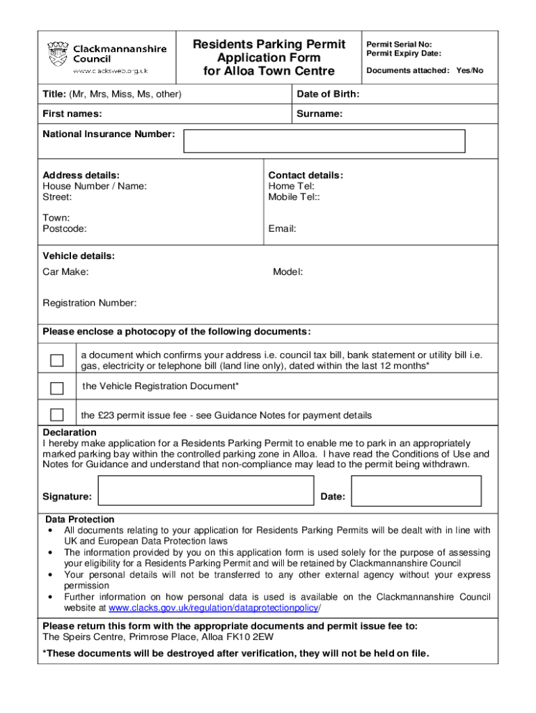 Fillable Online Residents Parking Permit Application Form for Alloa Town ... Fax Email Print ...