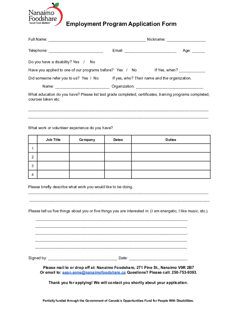 Fillable Online Employment Program Application Form Fax Email Print ...