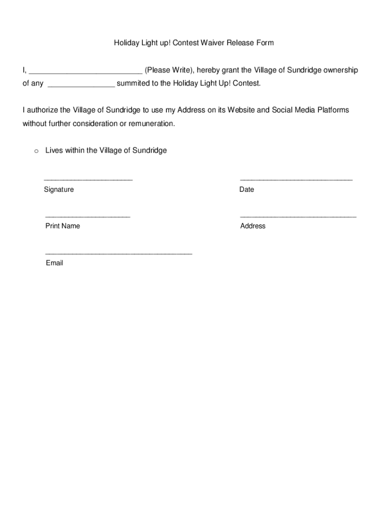Fillable Online Holiday Trail Sheet Contest Waiver Release Form I Fax ...