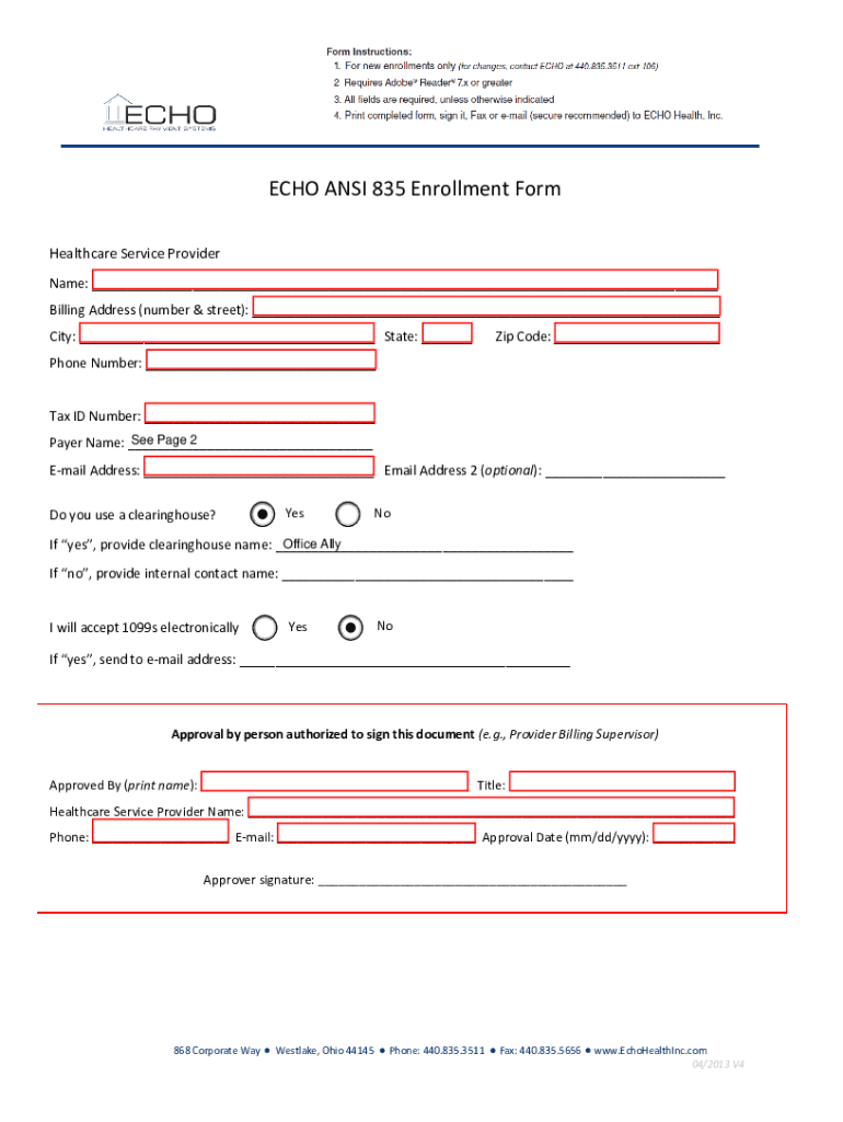 Fillable Online Echo Ansi 835 Enrollment Form - Fill Online, Printable ...