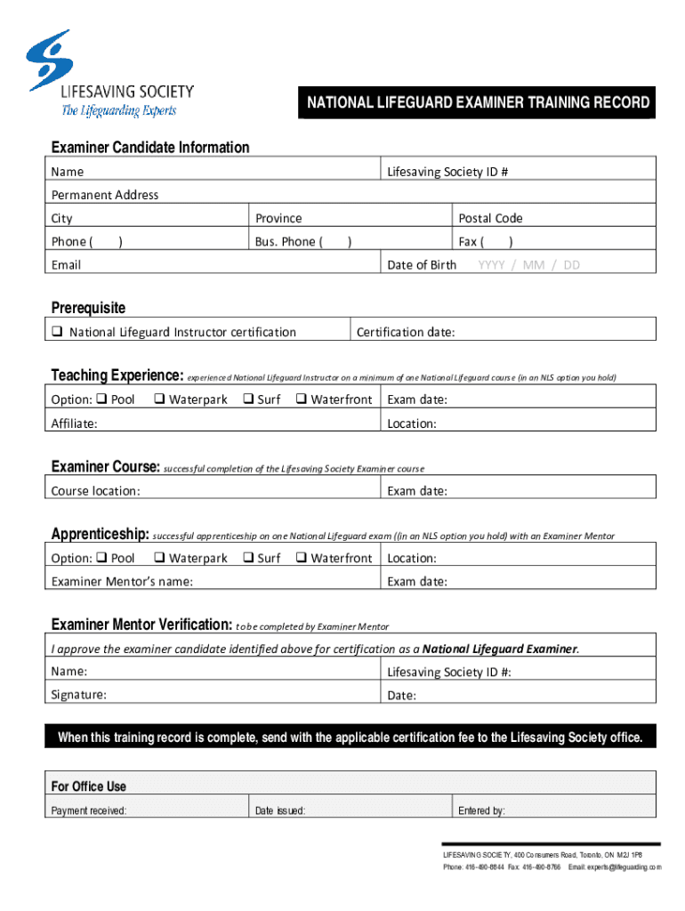 Fillable Online national lifeguard examiner training record Fax Email ...