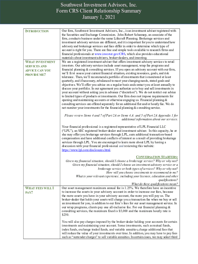 Fillable Online Client Relationship Summary (Part 3 or Form CRS of ... Fax Email Print - pdfFiller