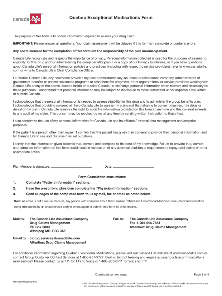 Fillable Online Quebec Exceptional Medications Form - M6453. For Quebec ...