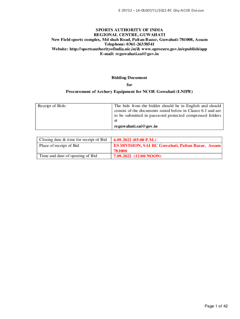 Fillable Online Procurement of Archery Equipment for NCOE Guwahati ...