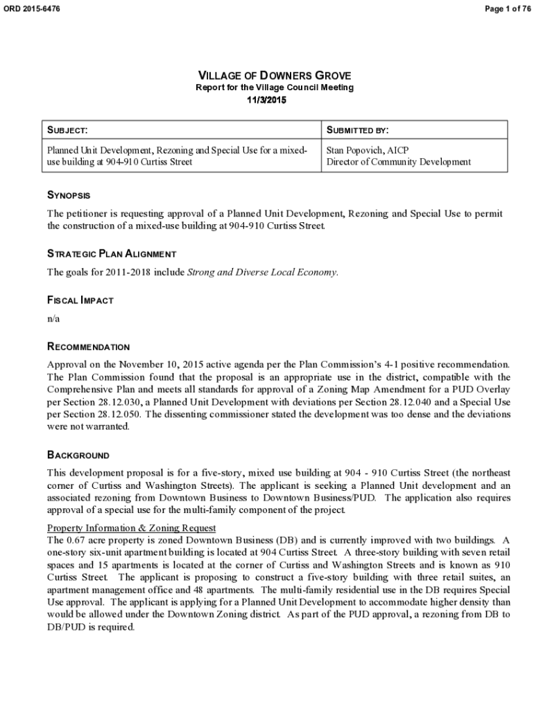 Fillable Online Planned Unit Development, Rezoning and Special Use for a mixeduse building at ...