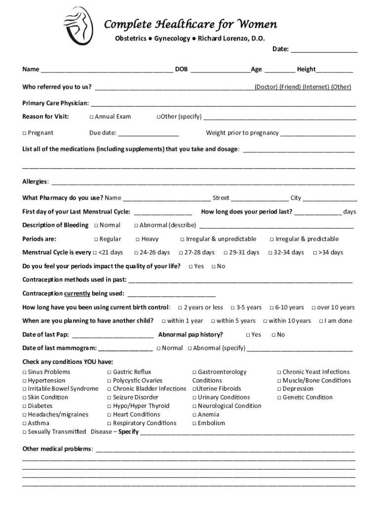 Fillable Online Obstetrics Gynecology Richard Lorenzo, D Fax Email Print - pdfFiller
