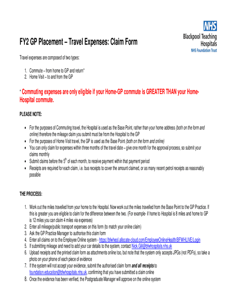 Fillable Online FY2 GP PlacementTravel Expenses: Claim Form Fax Email ...