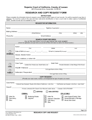 Fillable Online Research and Copy Request Form - Lassen Superior Court ...