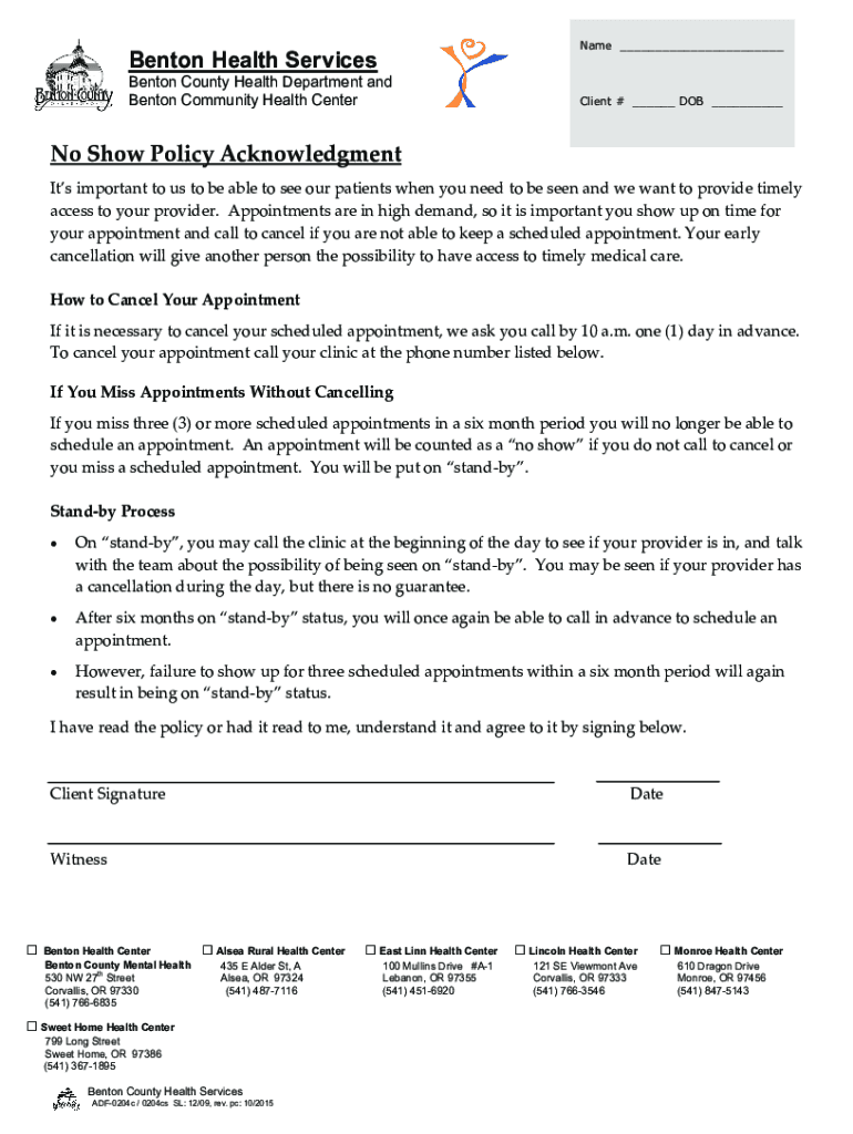 Fillable Online Benton Health Services No Show Policy Acknowledgment ...