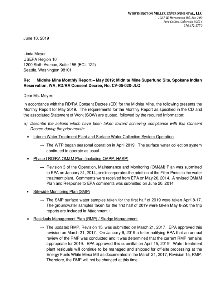 Fillable Online Midnite Mine Monthly Report - May 2019. RD/RA CD Compliance Fax Email Print ...