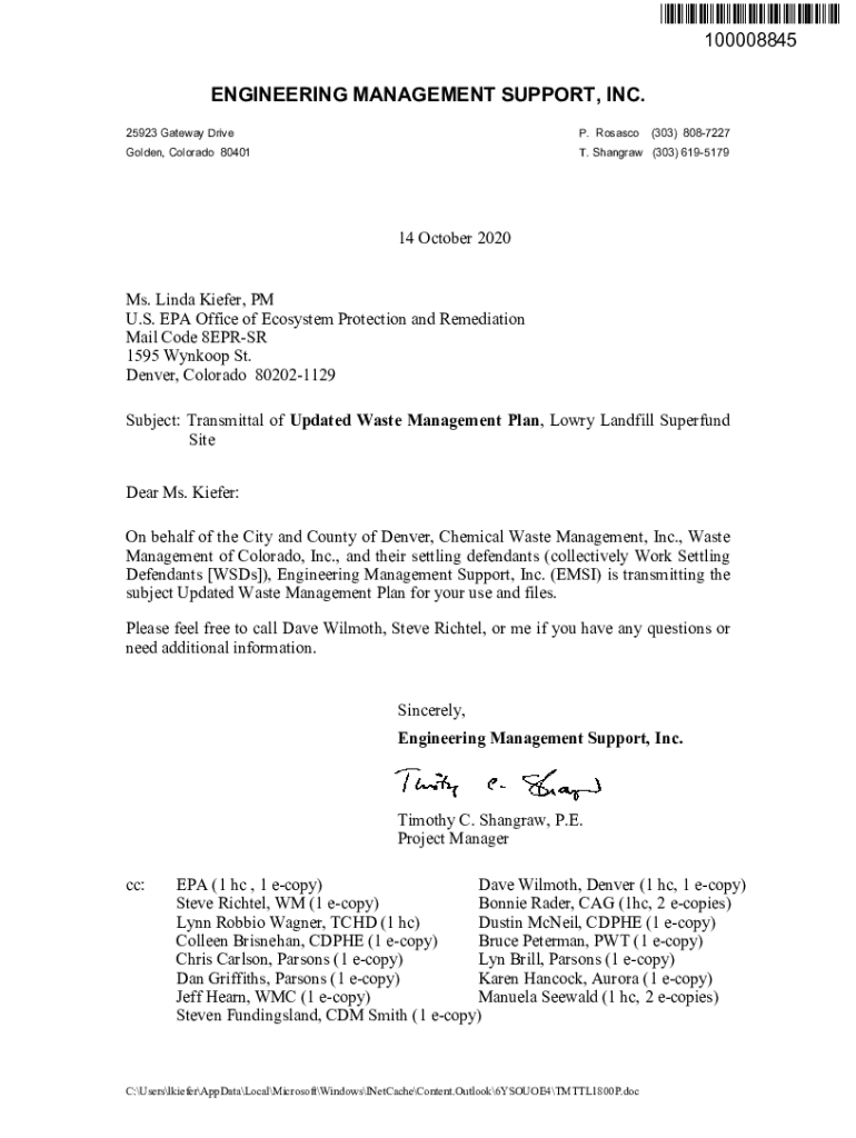 Fillable Online Transmittal of Updated Waste Management Plan, Remedial ...