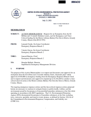 Fillable Online EPA ACTION MEMO - REQUEST FOR AN EXEMPTION FROM THE $2 MILLION AND 12-MONTH ...