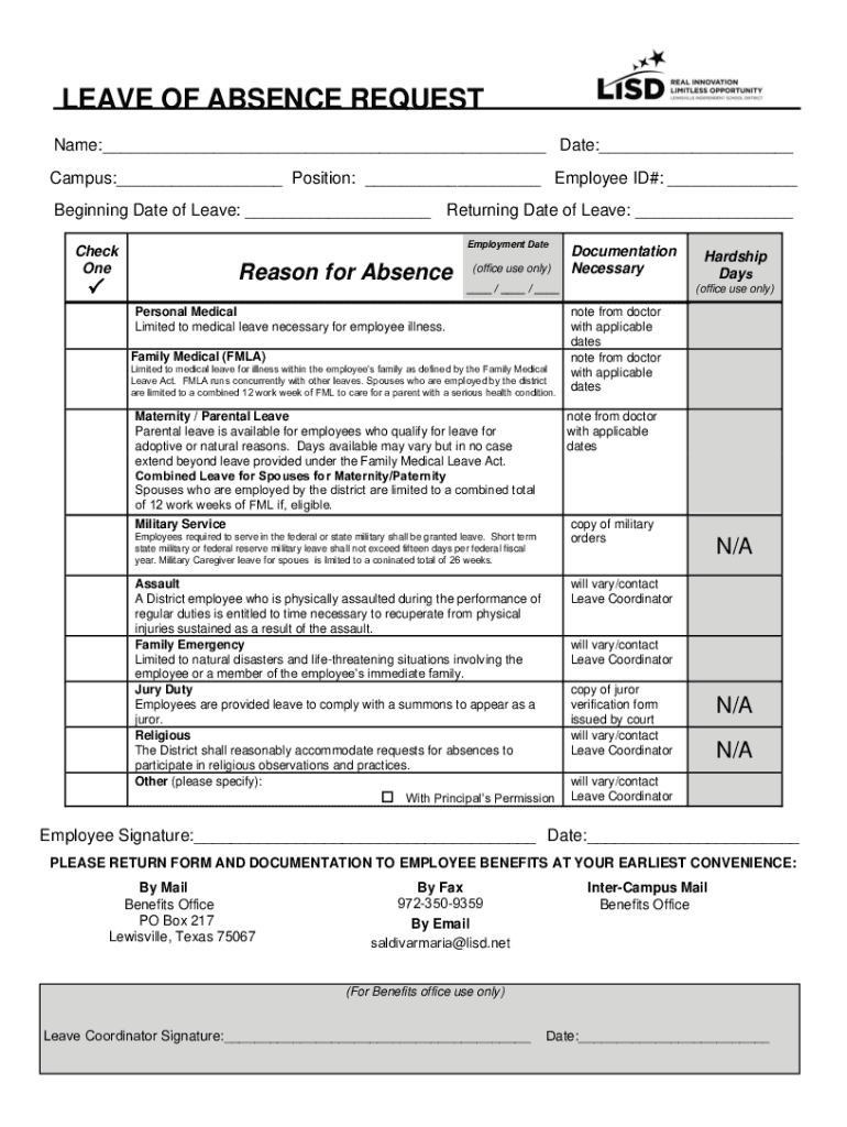 Fillable Online Beginning Date of Leave: Returning Date of Leave: Fax ...