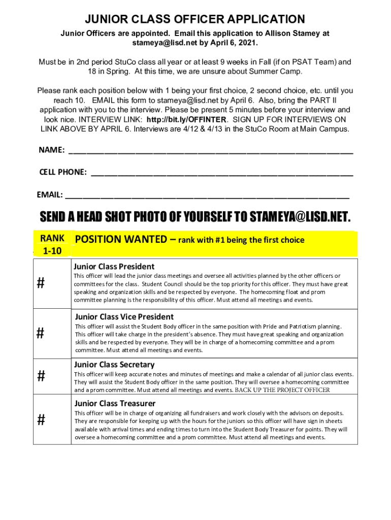 Fillable Online Junior Class Officer Application Fax Email Print ...