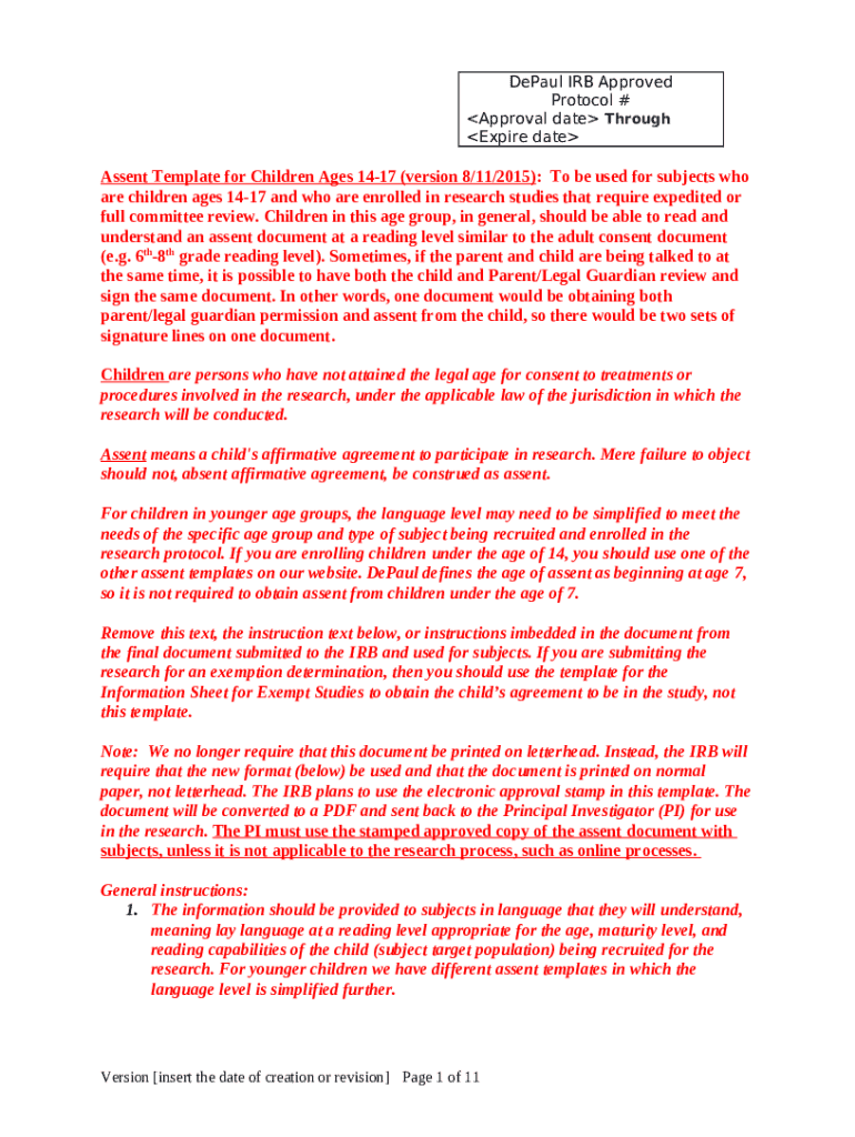 Assent Template for Children Ages 14-17 (version 8/11/2015):To be used ...