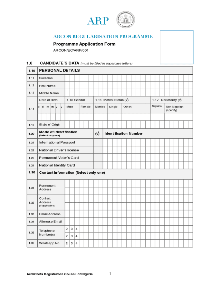 Fillable Online arconigeria org Application Form For Fresh Candidates ...