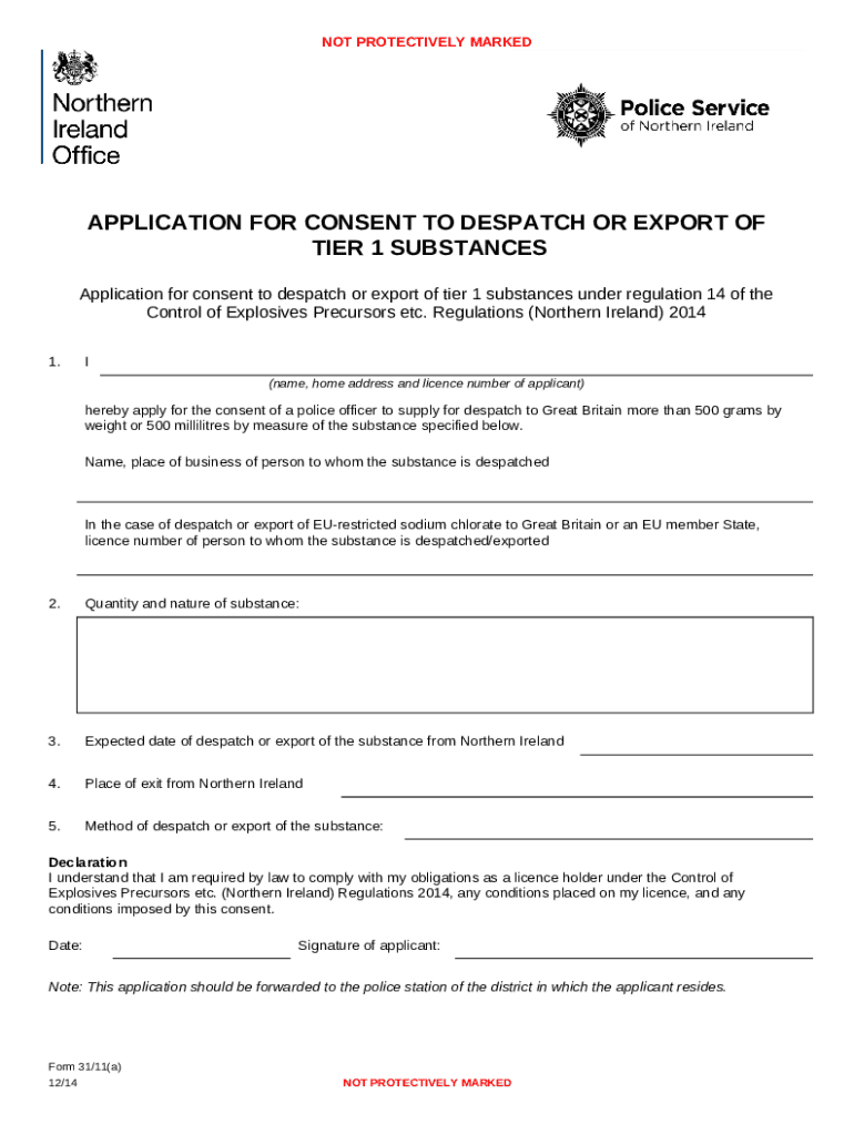 31/11(a) - Application for Consent to Despatch or Export of Tier 1 Substances. 31/11(a ...