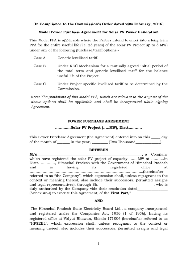 Fillable Online Standard Power Purchase Agreement for Procurement of ...