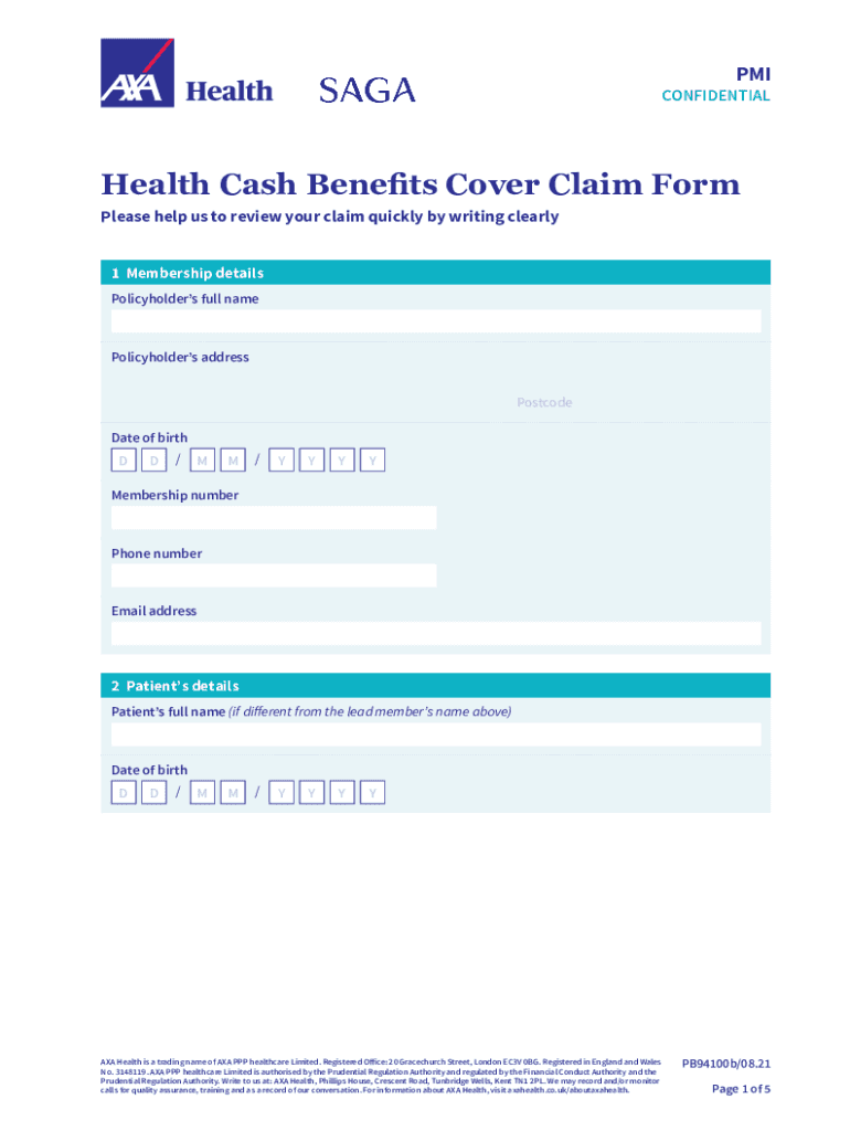 Fillable Online Saga health cash benefits claim form. Health insurance ...