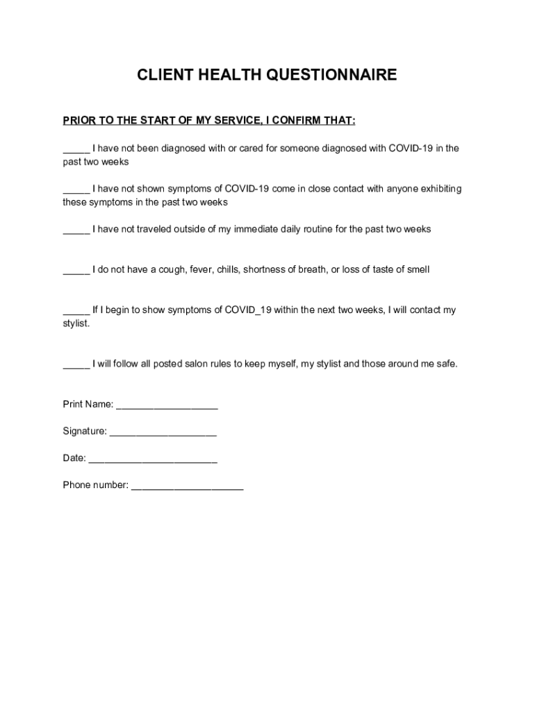 Fillable Online CLIENT HEALTH QUESTIONNAIRE Fax Email Print - pdfFiller