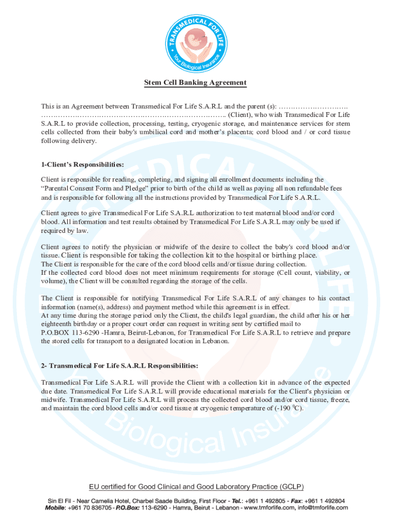 Fillable Online and Stem Cell Storage Agreement Fax Email Print - pdfFiller