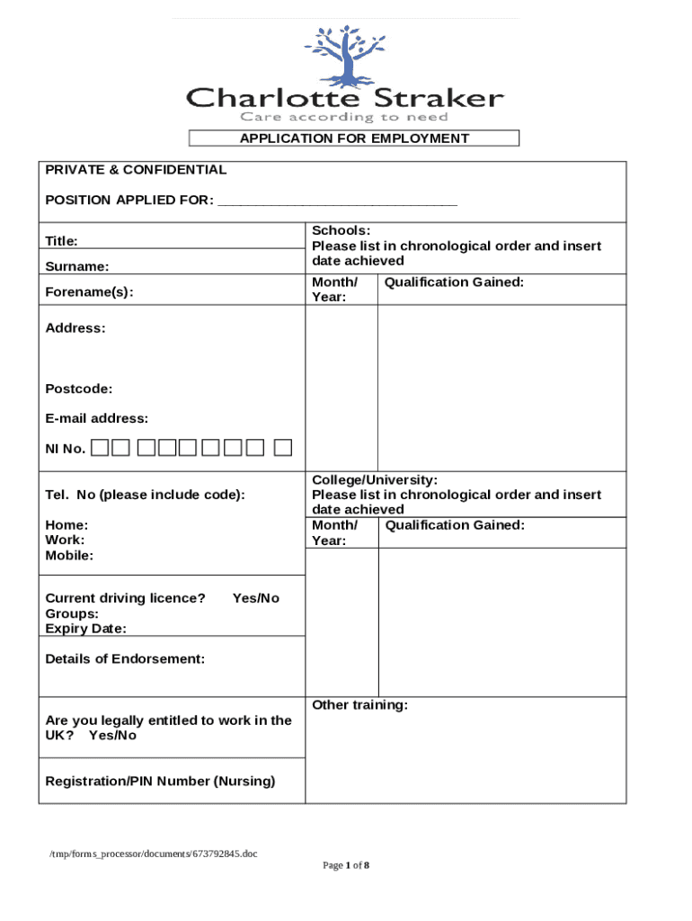 Application for employment Private and confidential Doc Template ...