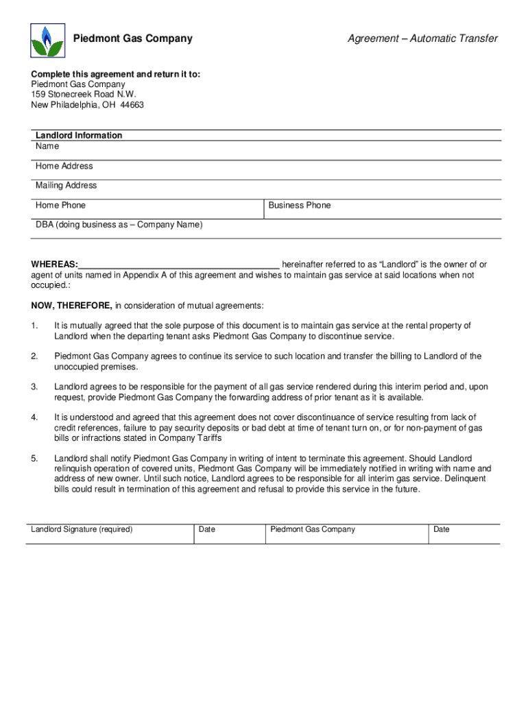 Fillable Online Piedmont Gas Company AgreementAutomatic Transfer Fax ...