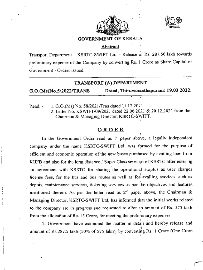 Fillable Online Order issued to set up KSRTC-SWIFT Fax Email Print ...