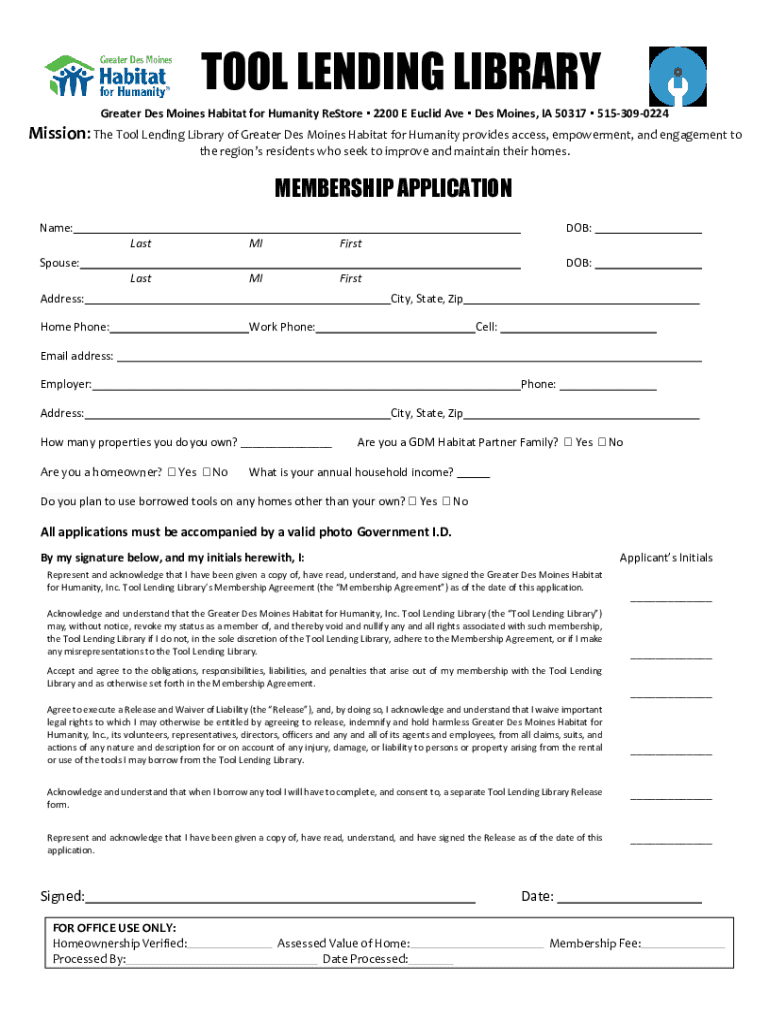 Fillable Online Tool Lending Library - Greater Des Moines Habitat for ...