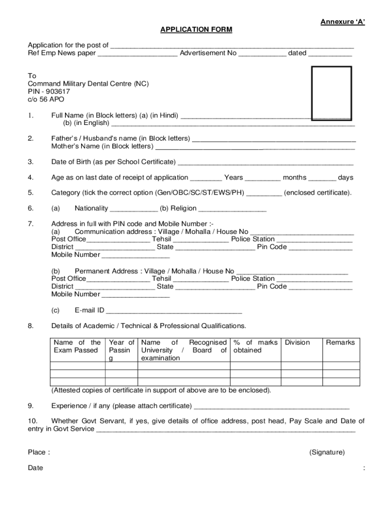 Fillable Online Annexure 'A' APPLICATION FORM Application for the post of Fax Email Print ...