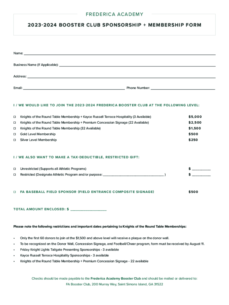 Fillable Online 2023-2024 booster club sponsorship + membership form ...