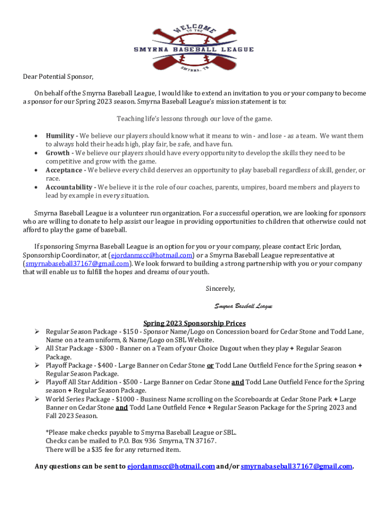 Fillable Online Dear Potential Sponsor, On behalf of the Smyrna ...