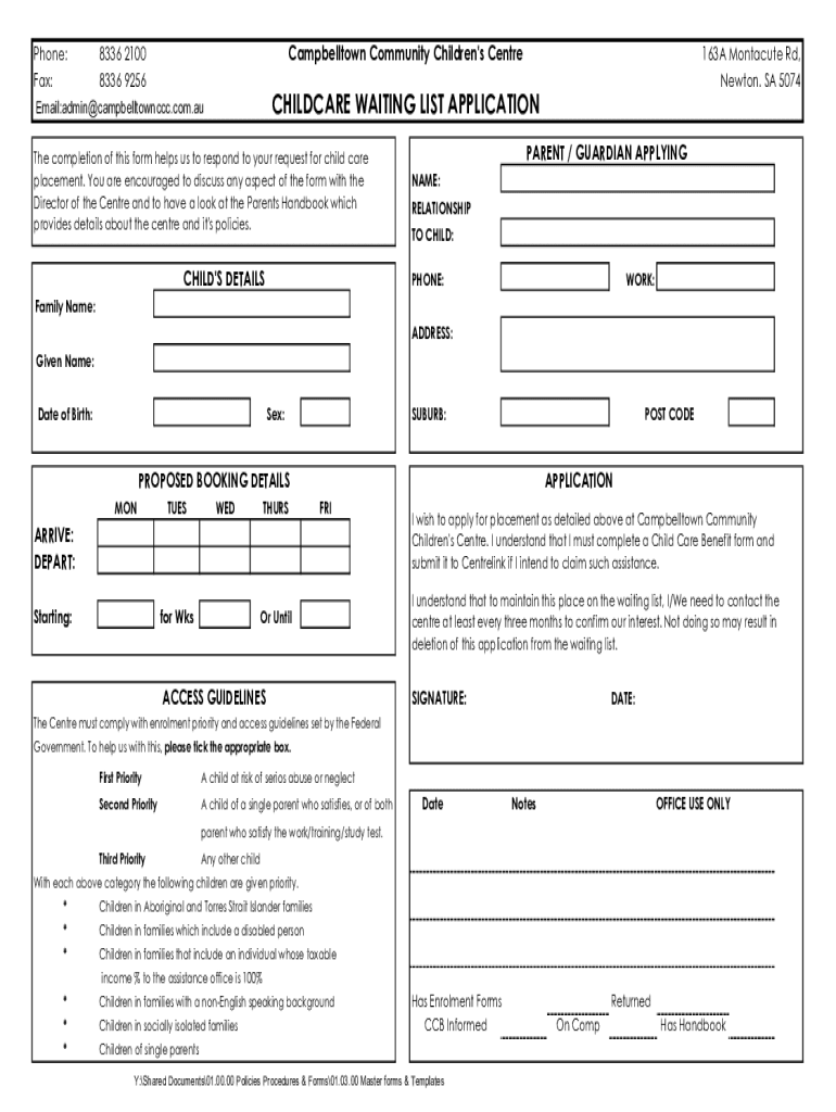 Fillable Online Waiting list Application Form - Campbelltown Community ...