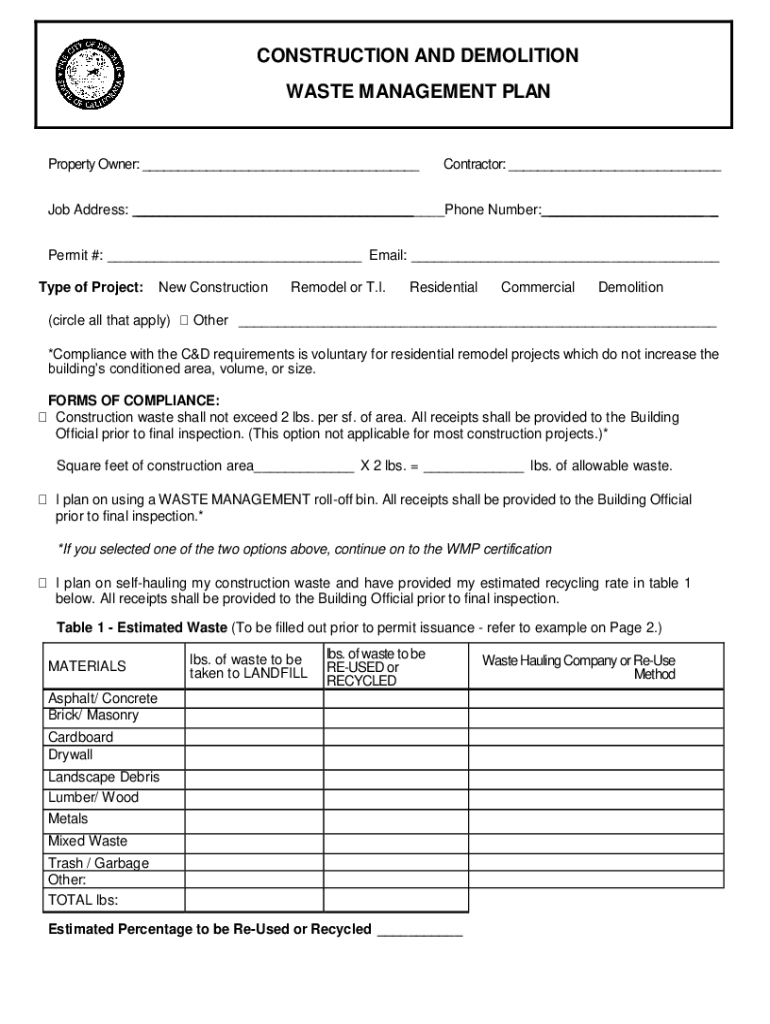 Fillable Online Form CD-1 Waste Management and Recycling Plan Fax Email ...